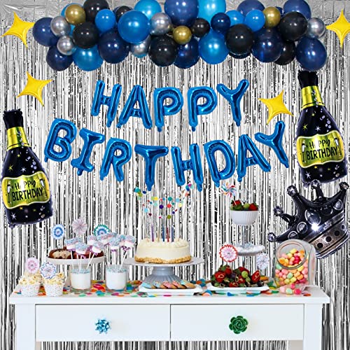 Happy Birthday Decorations for Men, Royal Blue Bday Party Decorations for Men Women Boys with Foil Fringe Curtains,Happy Birthday Banner Balloons,Party Supplies for 20th 25th 30th 35th 40th 50th 60th