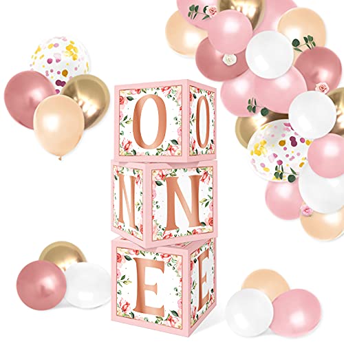 Levfla Rose Gold Floral One Balloons Boxes Spring Party Decoration Baby First Birthday Backdrop Blocks Pink Flowers Photo Centerpieces One Year Anniversary Celebration Favor Ideas