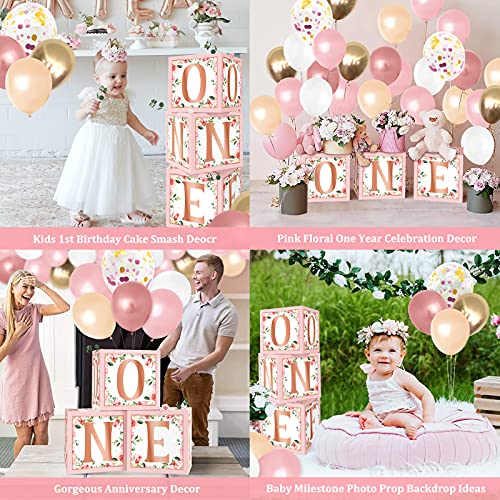 Levfla Rose Gold Floral One Balloons Boxes Spring Party Decoration Baby First Birthday Backdrop Blocks Pink Flowers Photo Centerpieces One Year Anniversary Celebration Favor Ideas