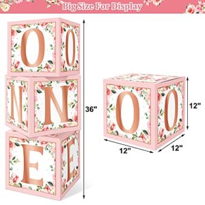 Levfla Rose Gold Floral One Balloons Boxes Spring Party Decoration Baby First Birthday Backdrop Blocks Pink Flowers Photo Centerpieces One Year Anniversary Celebration Favor Ideas