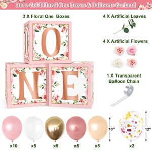 Levfla Rose Gold Floral One Balloons Boxes Spring Party Decoration Baby First Birthday Backdrop Blocks Pink Flowers Photo Centerpieces One Year Anniversary Celebration Favor Ideas