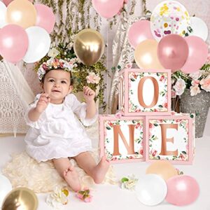 Levfla Rose Gold Floral One Balloons Boxes Spring Party Decoration Baby First Birthday Backdrop Blocks Pink Flowers Photo Centerpieces One Year Anniversary Celebration Favor Ideas