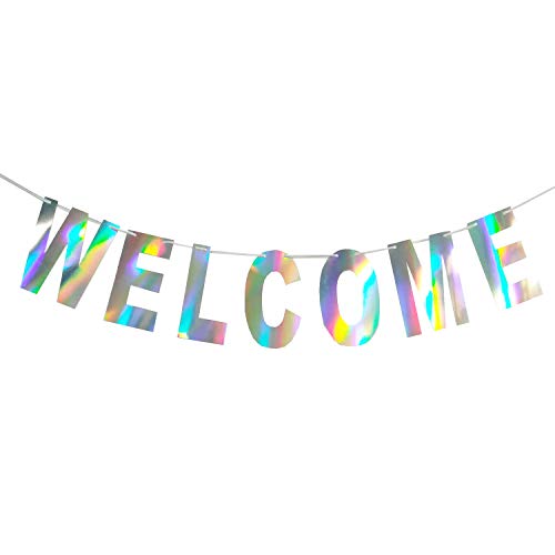 Holographic Welcome Banner Decorations Sign, Iridescent Hanging Bunting String Flag Garland for Welcome Baby Shower, Deployment Homecoming, Family Reunion, Military Homecoming Party