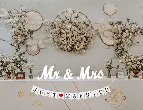 Nine to Nine Wedding Decorations Set, Large Mr and Mrs Sign & Just Married Banner, Mr & Mrs Signs for Wedding Table, Wooden Letters Wedding Decor, Wedding Decorations for Reception, Ceremony and Anniversary Party Valentine's Day Decor, White