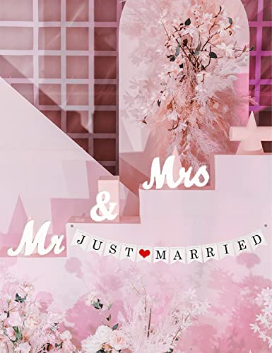 Nine to Nine Wedding Decorations Set, Large Mr and Mrs Sign & Just Married Banner, Mr & Mrs Signs for Wedding Table, Wooden Letters Wedding Decor, Wedding Decorations for Reception, Ceremony and Anniversary Party Valentine's Day Decor, White