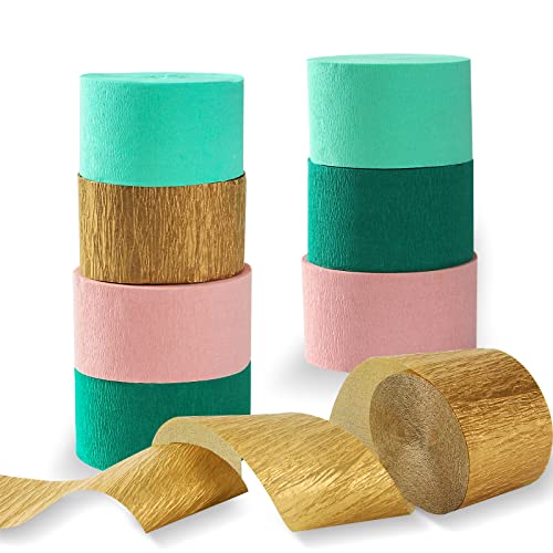 Sage-Green Pink-Gold Crepe Paper Streamers - 8 Rolls Green Party Decorations Streamer Birthday Rustic Wedding Bridal-Shower Bachelorette Engagement Paper Flowers Valentines Mothers Day Decor Panduola