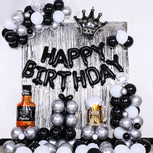 Black and White Birthday Decorations for Men Women Boys Girls 94pcs Black Silver Balloons Arch Garland Kit Party Decorations for Him Her with Happy Birthday Banner Fringe Curtain Whiskey Bottle