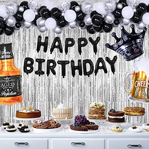 Black and White Birthday Decorations for Men Women Boys Girls 94pcs Black Silver Balloons Arch Garland Kit Party Decorations for Him Her with Happy Birthday Banner Fringe Curtain Whiskey Bottle