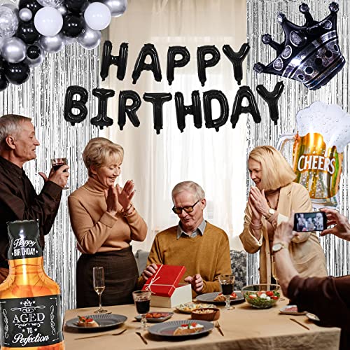 Black and White Birthday Decorations for Men Women Boys Girls 94pcs Black Silver Balloons Arch Garland Kit Party Decorations for Him Her with Happy Birthday Banner Fringe Curtain Whiskey Bottle