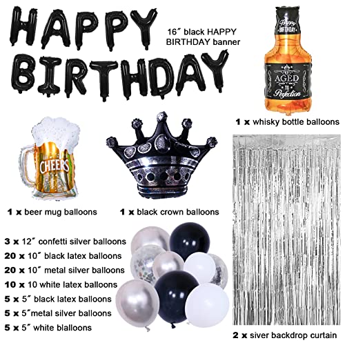 Black and White Birthday Decorations for Men Women Boys Girls 94pcs Black Silver Balloons Arch Garland Kit Party Decorations for Him Her with Happy Birthday Banner Fringe Curtain Whiskey Bottle