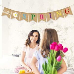 Hello Spring Banner Burlap - Rustic Spring Banner Garland - Spring Decorations - Indoor Outdoor Mantel Fireplace Hanging Decor