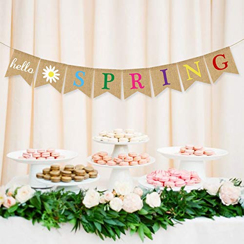 Hello Spring Banner Burlap - Rustic Spring Banner Garland - Spring Decorations - Indoor Outdoor Mantel Fireplace Hanging Decor