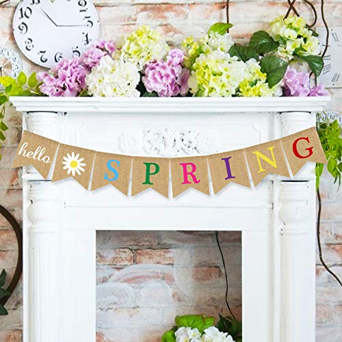 Hello Spring Banner Burlap - Rustic Spring Banner Garland - Spring Decorations - Indoor Outdoor Mantel Fireplace Hanging Decor