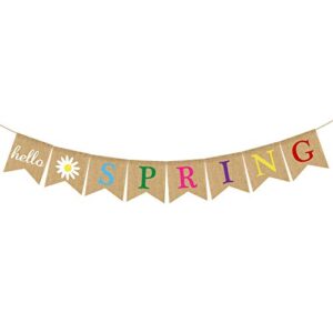 Hello Spring Banner Burlap - Rustic Spring Banner Garland - Spring Decorations - Indoor Outdoor Mantel Fireplace Hanging Decor