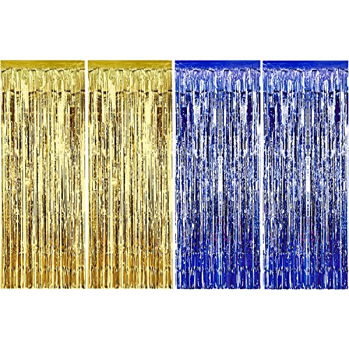 Sumind 4 Pack Foil Curtains Metallic Fringe Curtains Shimmer Curtain for Birthday Wedding Party Christmas Decorations (Blue and Gold)