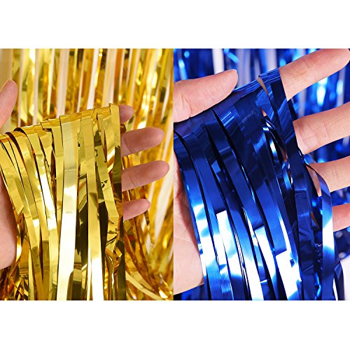 Sumind 4 Pack Foil Curtains Metallic Fringe Curtains Shimmer Curtain for Birthday Wedding Party Christmas Decorations (Blue and Gold)