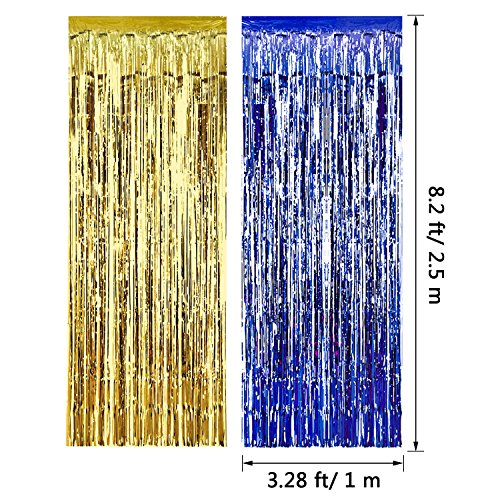 Sumind 4 Pack Foil Curtains Metallic Fringe Curtains Shimmer Curtain for Birthday Wedding Party Christmas Decorations (Blue and Gold)