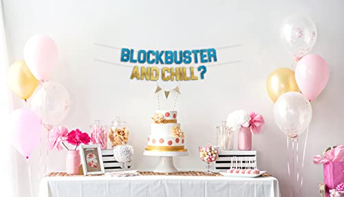 Block Buster and Chill Glitter Banner - Funny Throwback 90's and 80's Theme Party Decoration, Favors & Supplies