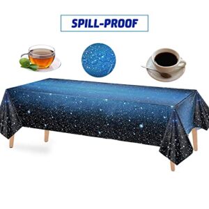 FECEDY 2 Packs 54"x108" Star Universe Blue Wave Point Disposable Plastic Table Cover Waterproof Tablecloths for Rectangle Tables up to 8 ft in Length Party Decorations