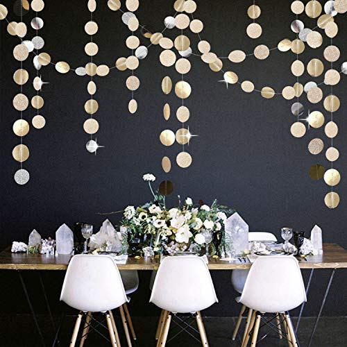 OuMuaMua 5Pcs Glitter Champagne Gold Paper Circle Dots Garland Banners Streamers Hanging Bunting Ornament for Engagement Party Bridal Shower Wedding Baby Shower Christmas Room Decor (65 Feet)