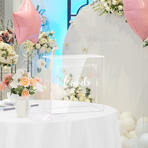 Clear Acrylic Wedding Card Box Large DIY Card Boxes with 4 "Card" Text Stickers Gift Card Box Money Box Holder for Wedding Reception Anniversary Birthday Party Baby Shower Graduation Decorations (10 x 10 x 5.5 inch)