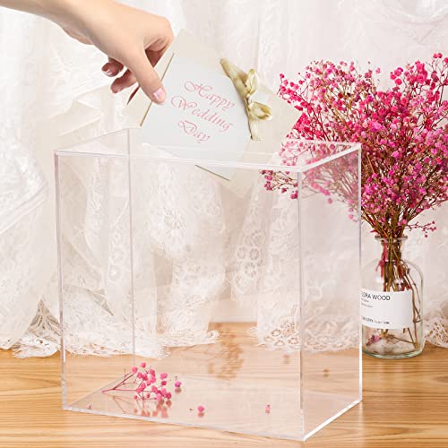 Clear Acrylic Wedding Card Box Large DIY Card Boxes with 4 "Card" Text Stickers Gift Card Box Money Box Holder for Wedding Reception Anniversary Birthday Party Baby Shower Graduation Decorations (10 x 10 x 5.5 inch)