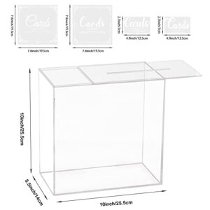 Clear Acrylic Wedding Card Box Large DIY Card Boxes with 4 "Card" Text Stickers Gift Card Box Money Box Holder for Wedding Reception Anniversary Birthday Party Baby Shower Graduation Decorations (10 x 10 x 5.5 inch)