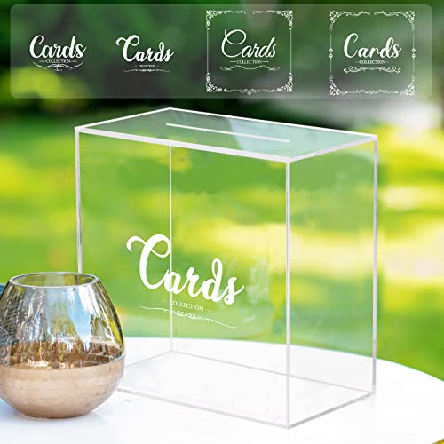 Clear Acrylic Wedding Card Box Large DIY Card Boxes with 4 "Card" Text Stickers Gift Card Box Money Box Holder for Wedding Reception Anniversary Birthday Party Baby Shower Graduation Decorations (10 x 10 x 5.5 inch)