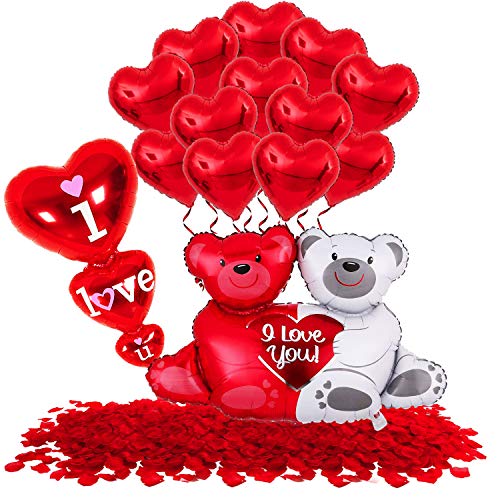 Giant, Teddy Bear Balloons Set - 40 Inch, Pack of 14 | Pack of 1000 Red Rose Petals for Valentines Day Decor | Red Heart Shaped Balloons, I Love You Balloons for Romantic Decorations Special Night