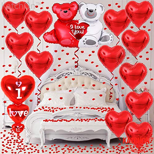 Giant, Teddy Bear Balloons Set - 40 Inch, Pack of 14 | Pack of 1000 Red Rose Petals for Valentines Day Decor | Red Heart Shaped Balloons, I Love You Balloons for Romantic Decorations Special Night