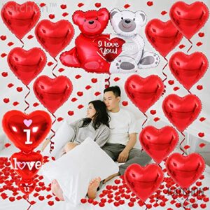 Giant, Teddy Bear Balloons Set - 40 Inch, Pack of 14 | Pack of 1000 Red Rose Petals for Valentines Day Decor | Red Heart Shaped Balloons, I Love You Balloons for Romantic Decorations Special Night