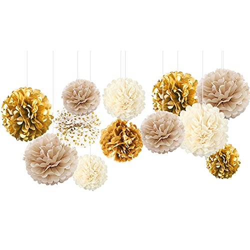 NICROHOME White Gold Party Decorations -12 PCS White Gold Champagne Tissue Paper Pom Poms for Birthday Graduation Décor Baby Shower Bridal Shower Prom Festival Decorations and Party Backdrop Decor