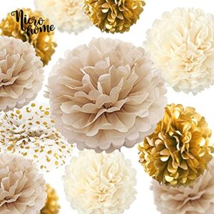 NICROHOME White Gold Party Decorations -12 PCS White Gold Champagne Tissue Paper Pom Poms for Birthday Graduation Décor Baby Shower Bridal Shower Prom Festival Decorations and Party Backdrop Decor