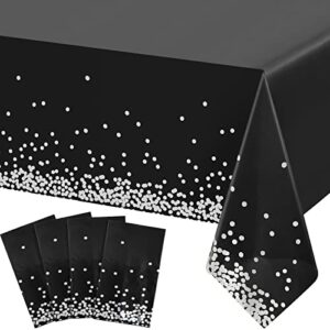 4 pack black and sliver dot tablecloth, sliver stamping dot confetti rectangle plastic disposable table cover for birthday wedding baby shower engagement anniversary party 54 x 108 inch