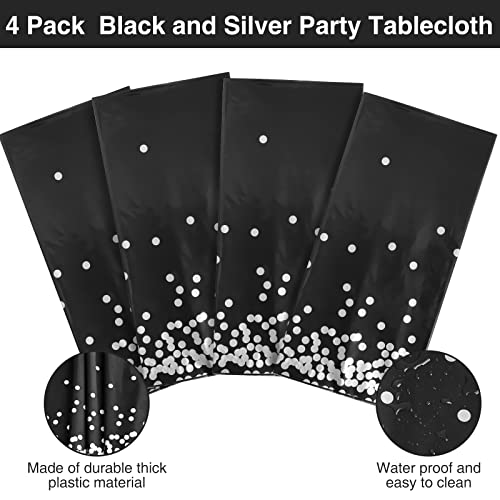 4 Pack Black and Sliver Dot Tablecloth, Sliver Stamping Dot Confetti Rectangle Plastic Disposable Table Cover for Birthday Wedding Baby Shower Engagement Anniversary Party 54 x 108 Inch