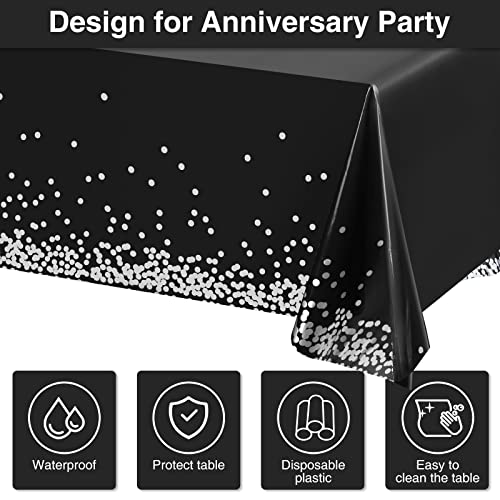 4 Pack Black and Sliver Dot Tablecloth, Sliver Stamping Dot Confetti Rectangle Plastic Disposable Table Cover for Birthday Wedding Baby Shower Engagement Anniversary Party 54 x 108 Inch