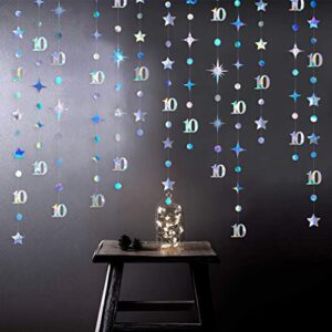 Iridescent 10th Birthday Decorations Number 10 Circle Dot Twinkle Star Garland Metallic Hanging Streamer Bunting Banner Backdrop for Girls Boys Ten Year Old Birthday 10th Anniversary Party Supplies