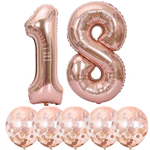 Number 18 and Rose Gold Confetti Balloons, 40 Inch Rose Gold Number 18 Balloon with 5PCS 12 Inch Rose Gold Confetti Balloons for 18th Birthday Party Decorations 18th Anniversary Decoration