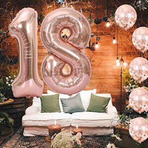 Number 18 and Rose Gold Confetti Balloons, 40 Inch Rose Gold Number 18 Balloon with 5PCS 12 Inch Rose Gold Confetti Balloons for 18th Birthday Party Decorations 18th Anniversary Decoration