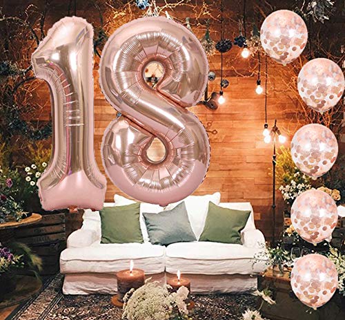 Number 18 and Rose Gold Confetti Balloons, 40 Inch Rose Gold Number 18 Balloon with 5PCS 12 Inch Rose Gold Confetti Balloons for 18th Birthday Party Decorations 18th Anniversary Decoration