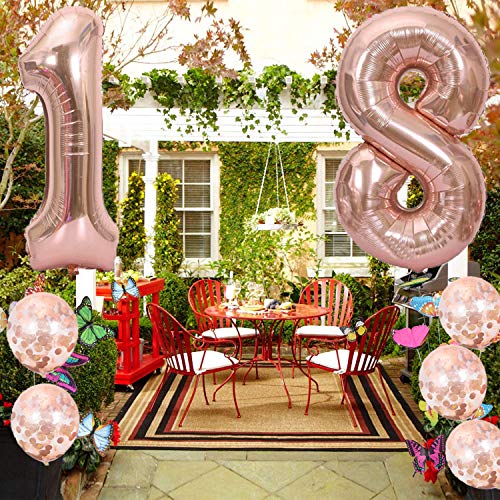 Number 18 and Rose Gold Confetti Balloons, 40 Inch Rose Gold Number 18 Balloon with 5PCS 12 Inch Rose Gold Confetti Balloons for 18th Birthday Party Decorations 18th Anniversary Decoration