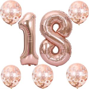 Number 18 and Rose Gold Confetti Balloons, 40 Inch Rose Gold Number 18 Balloon with 5PCS 12 Inch Rose Gold Confetti Balloons for 18th Birthday Party Decorations 18th Anniversary Decoration