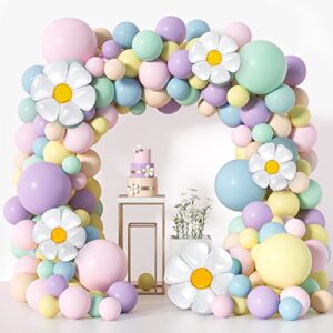 zfunbo daisy balloon garland arch kit, 161 pcs pastel balloon garland kit with white groovy daisy flower macaron rainbow balloon arch kit for baby shower daisy theme wedding girls birthday decorations