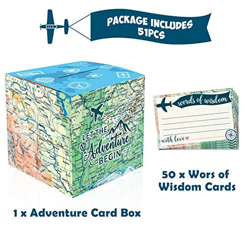 51PCS Adventure Card Box Holder and Advice Cards for Adventure Awaits Bon Voyage Farewell Travel Themed Birthday Graduation Retirement Job Career Change Party Decorations Supplies