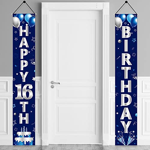 Blue Silver 16th Birthday Door Banner Decorations, Happy 16 Birthday Party Porch Sign Supplies for Boys, Sweet 16 Year Old Birthday Party DéCor