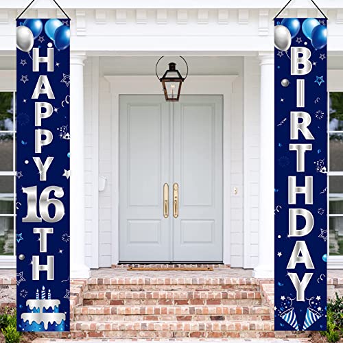 Blue Silver 16th Birthday Door Banner Decorations, Happy 16 Birthday Party Porch Sign Supplies for Boys, Sweet 16 Year Old Birthday Party DéCor