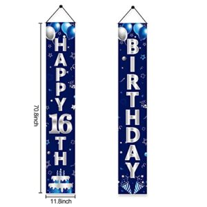 Blue Silver 16th Birthday Door Banner Decorations, Happy 16 Birthday Party Porch Sign Supplies for Boys, Sweet 16 Year Old Birthday Party DéCor