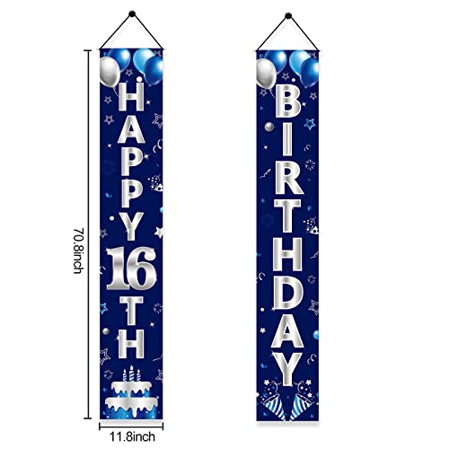 Blue Silver 16th Birthday Door Banner Decorations, Happy 16 Birthday Party Porch Sign Supplies for Boys, Sweet 16 Year Old Birthday Party DéCor