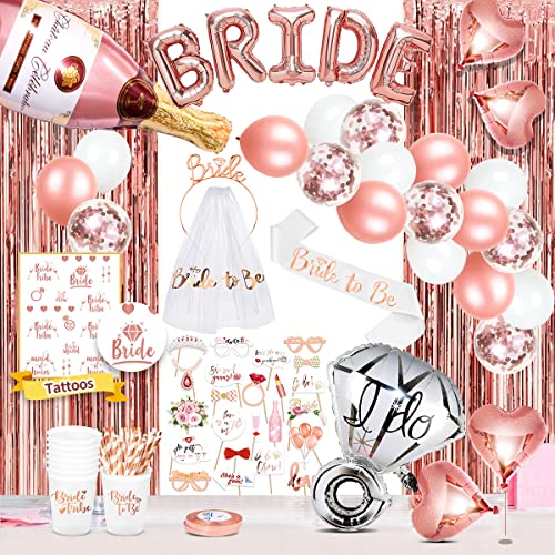 MOVINPE Bachelorette Party Decorations, Bride to Be Sash, Veil, Tiara, Photo Booth Props, Foil Curtains, Champagne Ring Balloon, Cups, Straws, Tattoos, Rose Gold Bridal Shower Party Supplies Decor