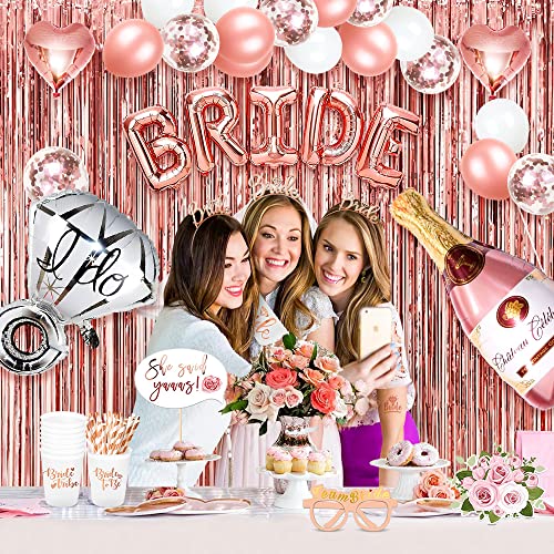 MOVINPE Bachelorette Party Decorations, Bride to Be Sash, Veil, Tiara, Photo Booth Props, Foil Curtains, Champagne Ring Balloon, Cups, Straws, Tattoos, Rose Gold Bridal Shower Party Supplies Decor